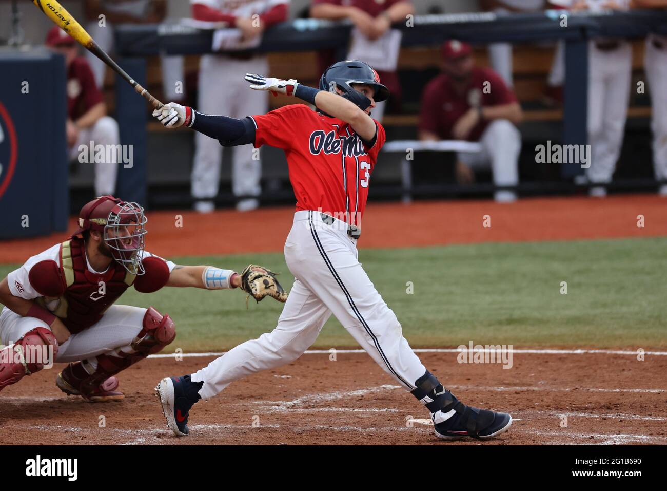 June 05, 2021: Ole Miss infielder Kevin Graham (35) at bat during an ...