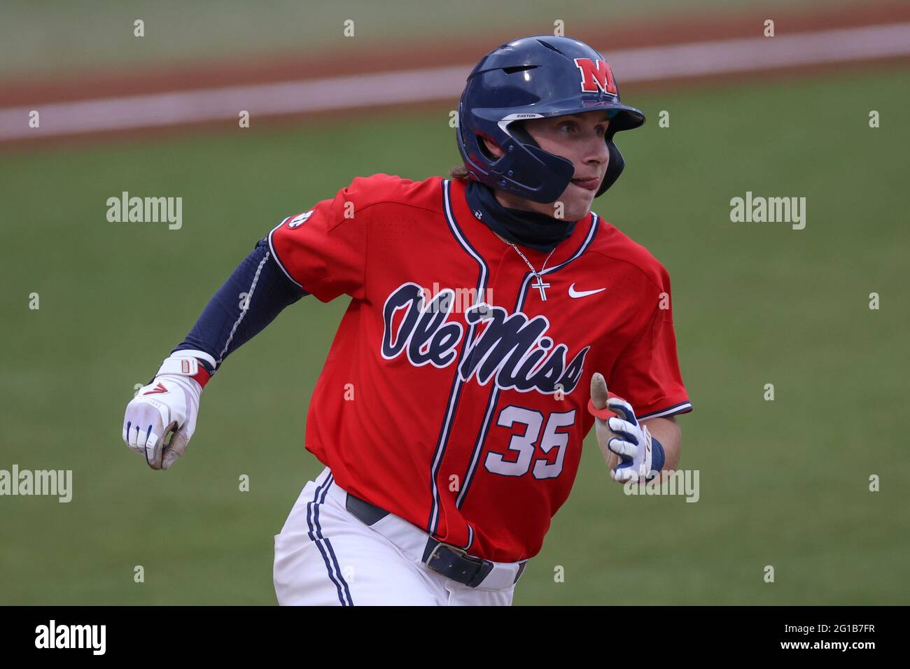 June 05, 2021: Ole Miss infielder Kevin Graham (35) gets a hit during ...