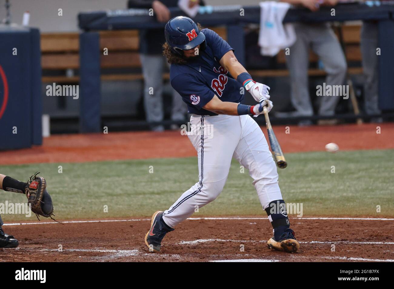 June 04, 2021: Ole Miss infielder Cael Baker (19) gets a hit during an ...