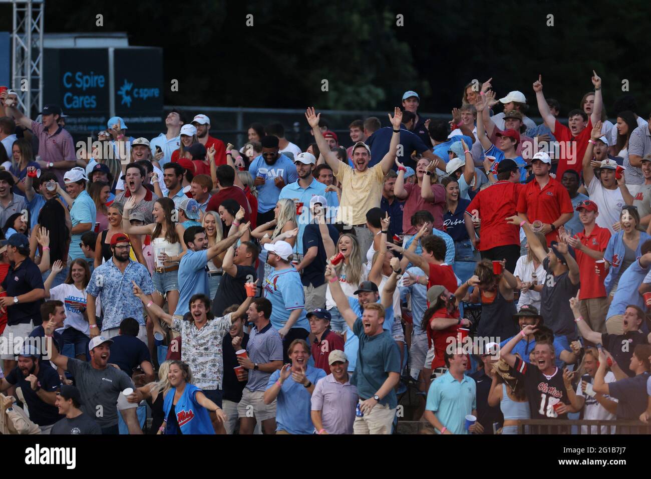 June 04, 2021: The Ole Miss student section celebrates a grand slam hit ...