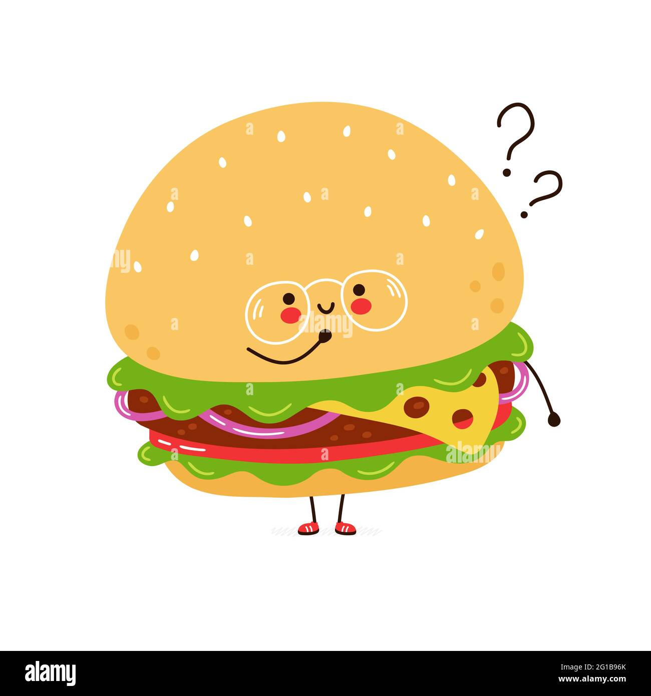 Cute funny burger in glasses character with question marks. Vector hand ...