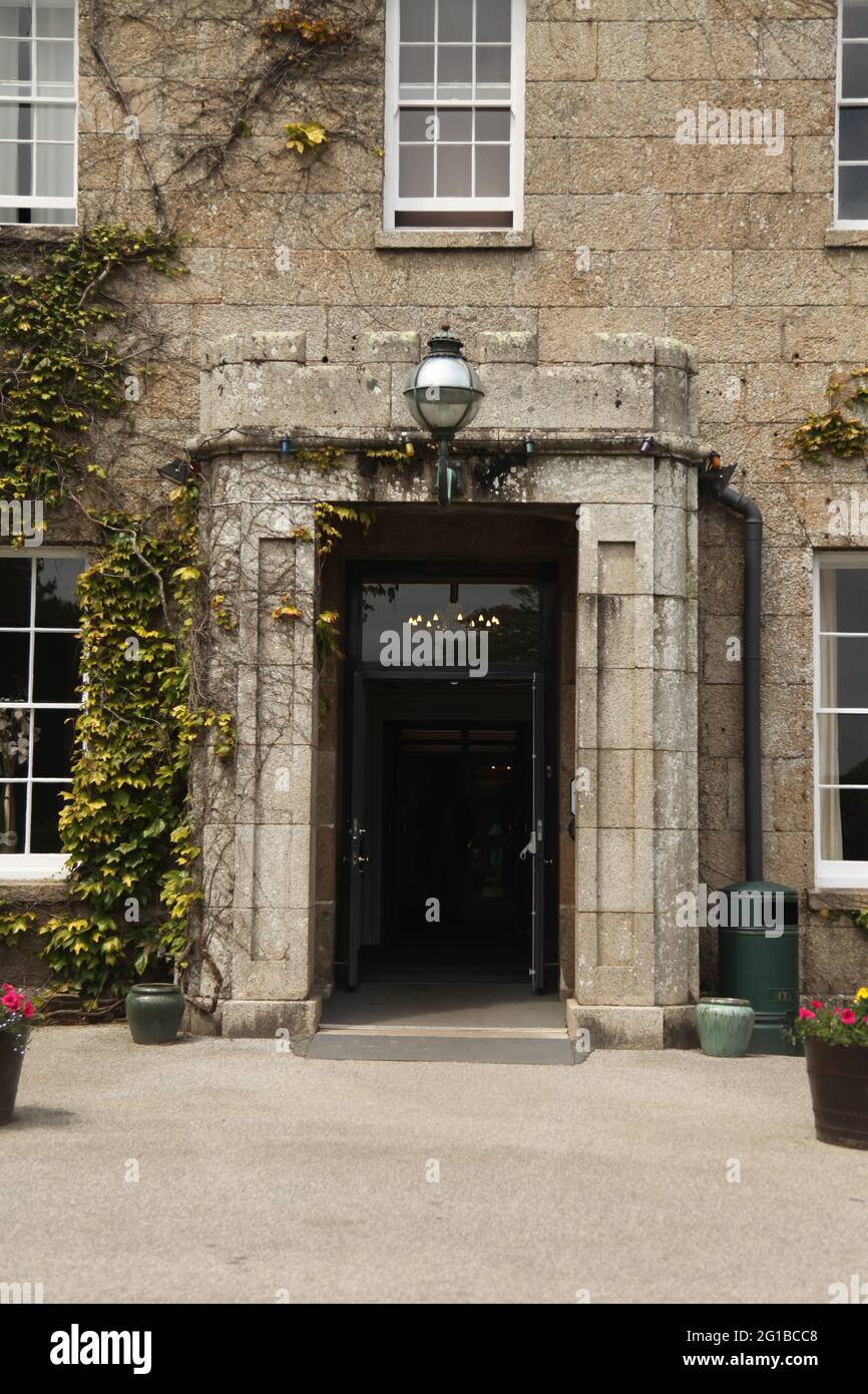 Entrance to Tregenna Castle Hotel, Carbis Bay, St. Ives, Cornwall, UK ...