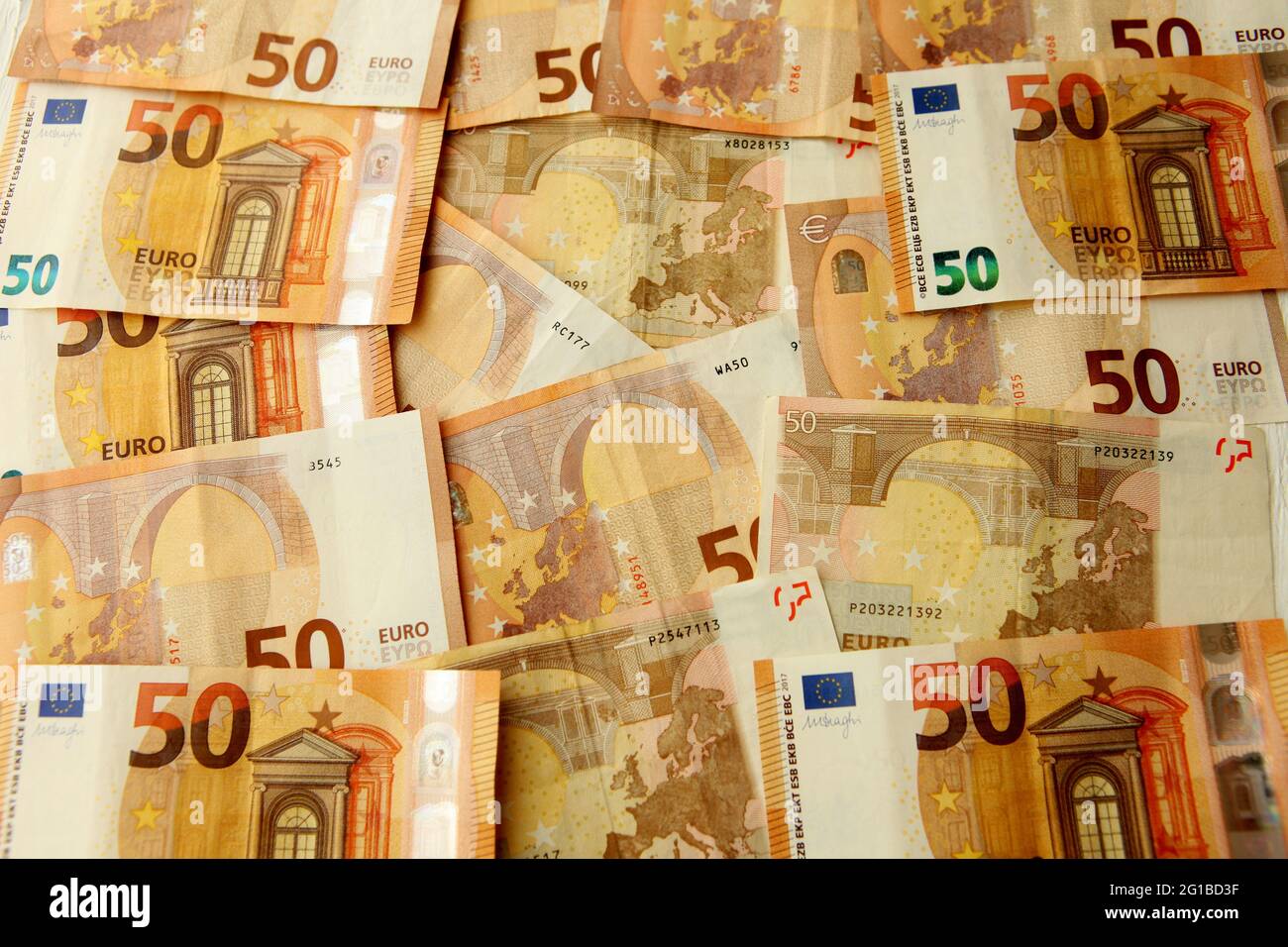 Lot of money. 50 euro banknotes flat lay. European Union Currency. euro ...