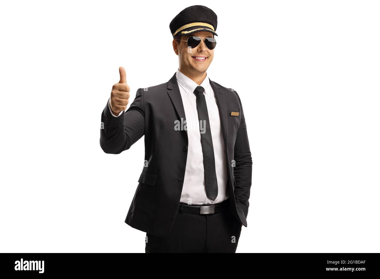 Pilot in a uniform and sunglasses smiling at camera and showing thumbs ...