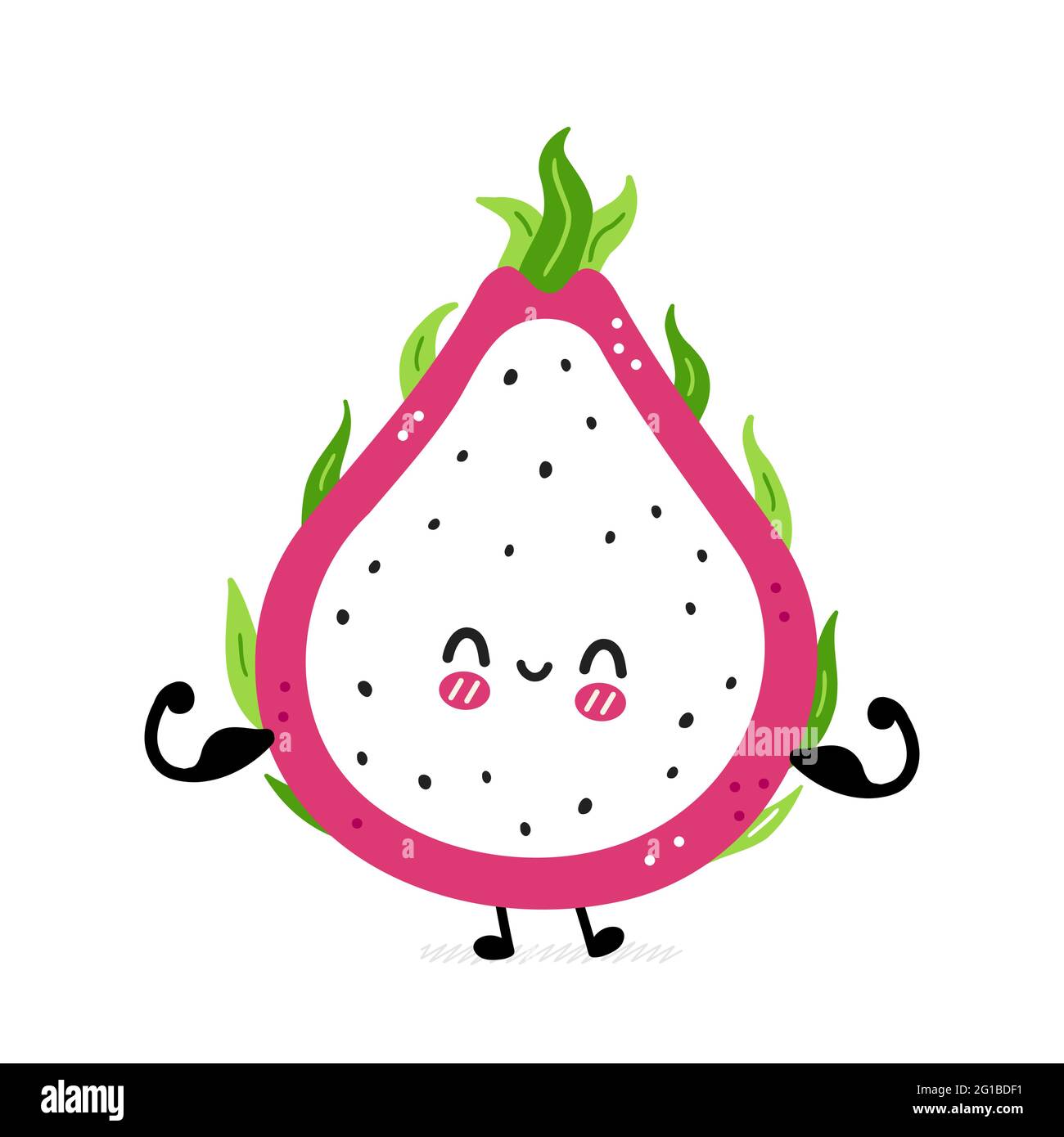 Cute funny dragon fruit show muscle. Vector hand drawn cartoon kawaii ...