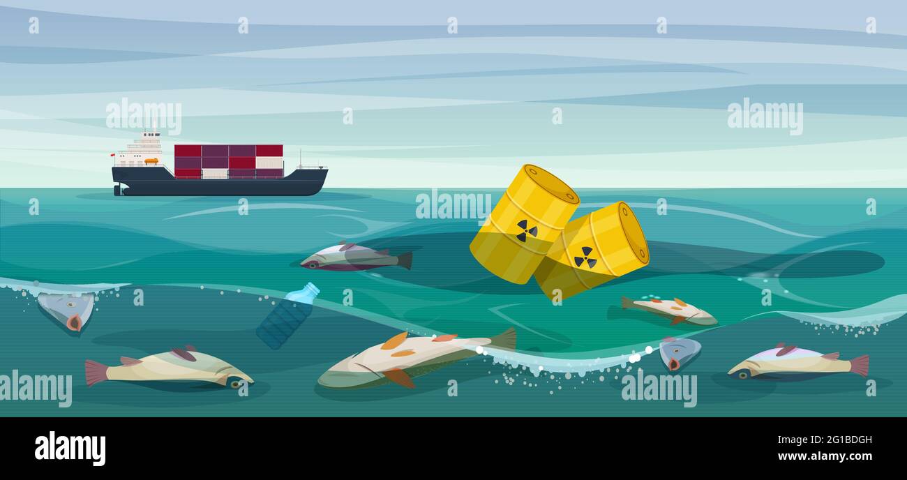 Dead fish and toxic waste barrels floating on ocean. Cargo ship on the ...