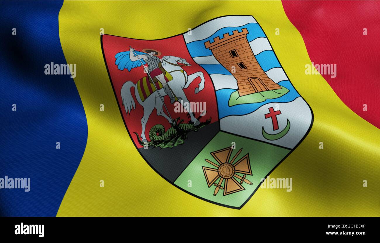 3D Illustration of a waving Romania County flag of Giurgiu Stock Photo ...