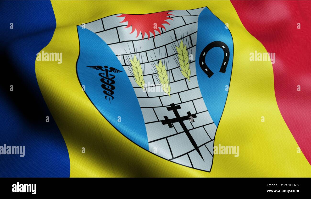 3D Illustration of a waving Romania County flag of Calarasi Stock Photo ...