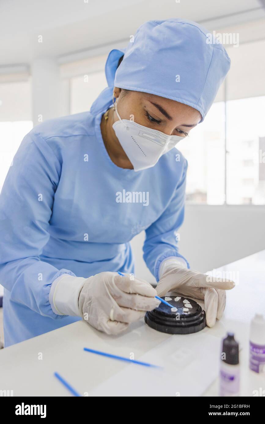 Female dentist with tool preparing veneers for procedure in clinic ...