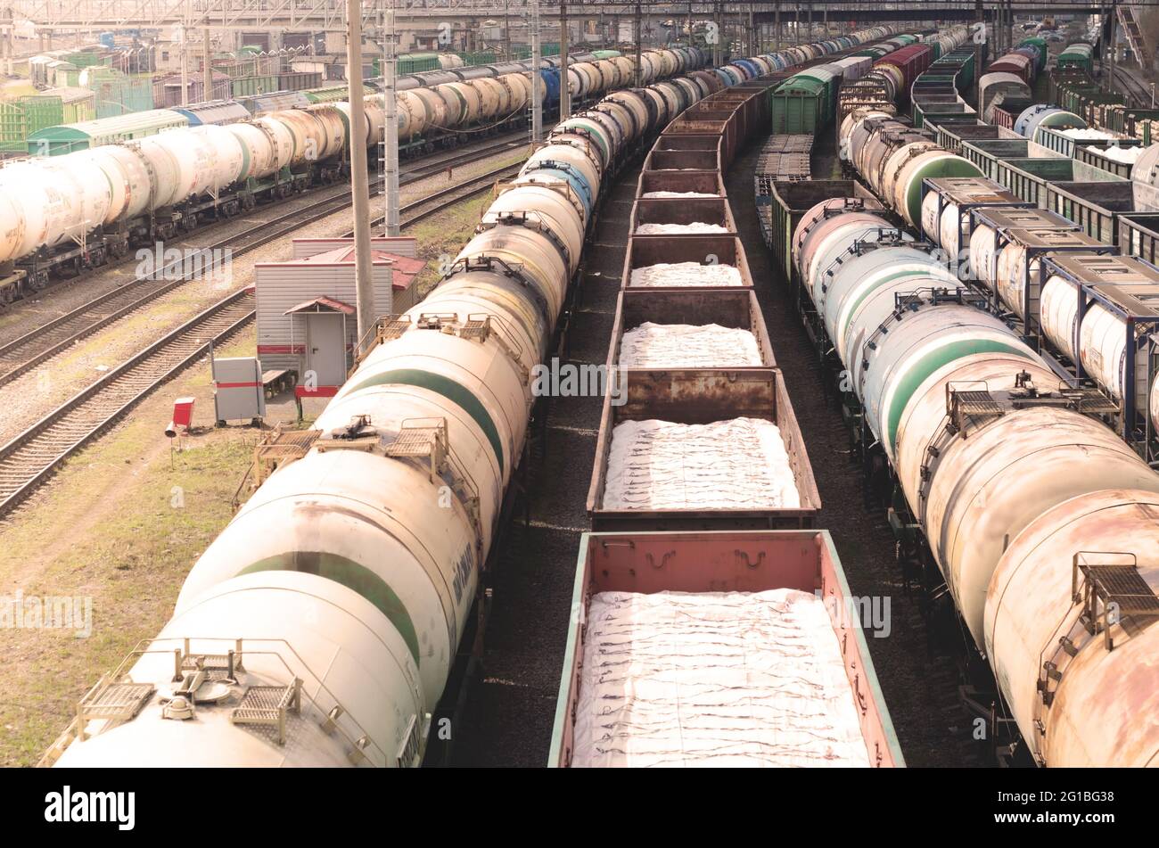 Wagons with goods on railroad. Heavy industry. Industrial landscape ...