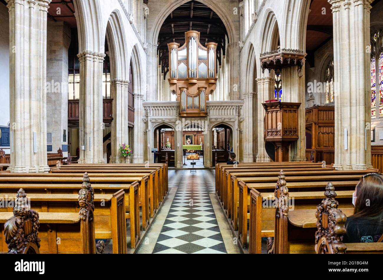 A view along the nave inside University Church of St Mary the Virgin in ...