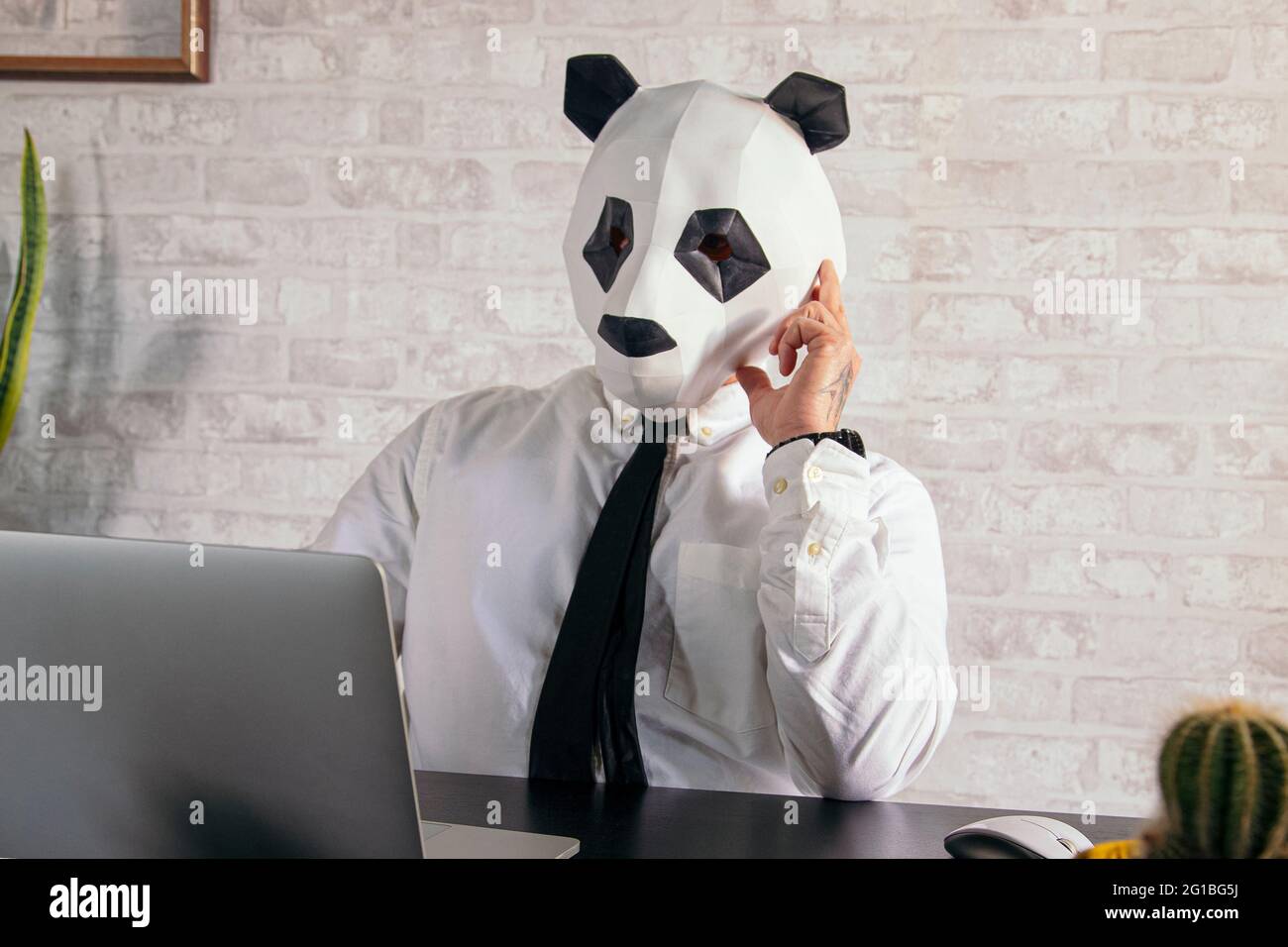 Anonymous tired male entrepreneur in panda bear mask and white shirt ...