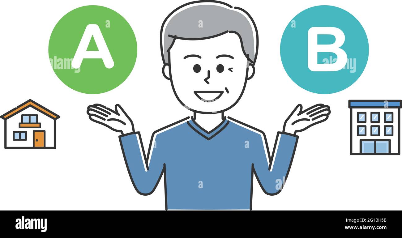 Man comparing detached house and condominium. Vector illustration ...