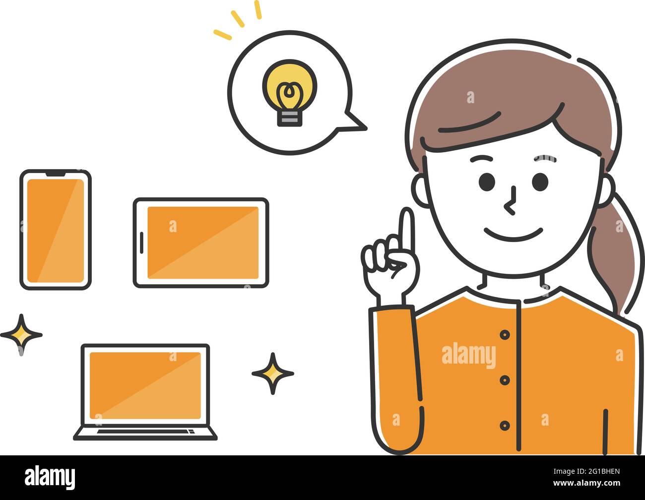 Young lady explaining handheld devices. Vector illustration isolated on ...