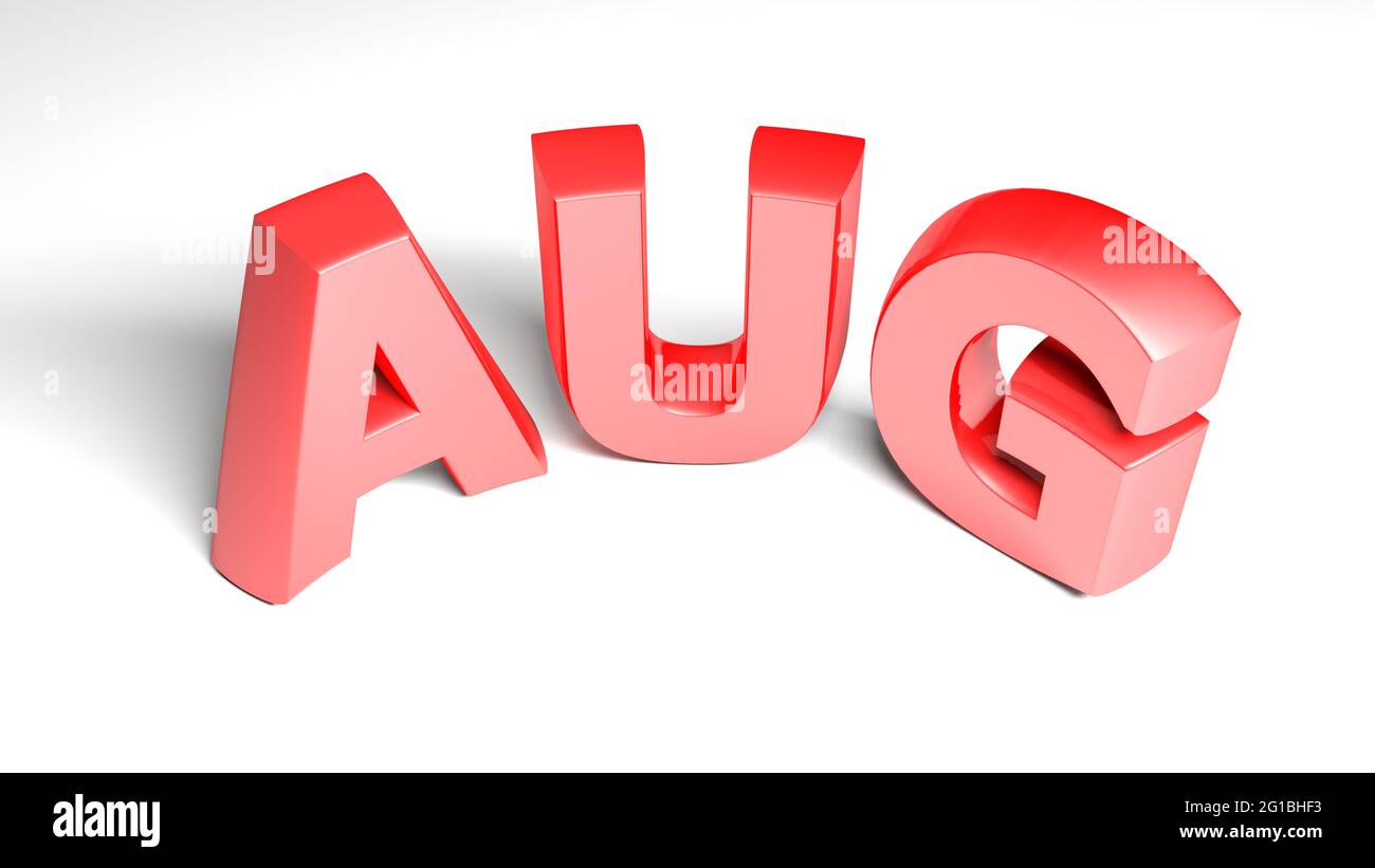 AUG for AUGUST red write isolated on white background - 3D rendering ...
