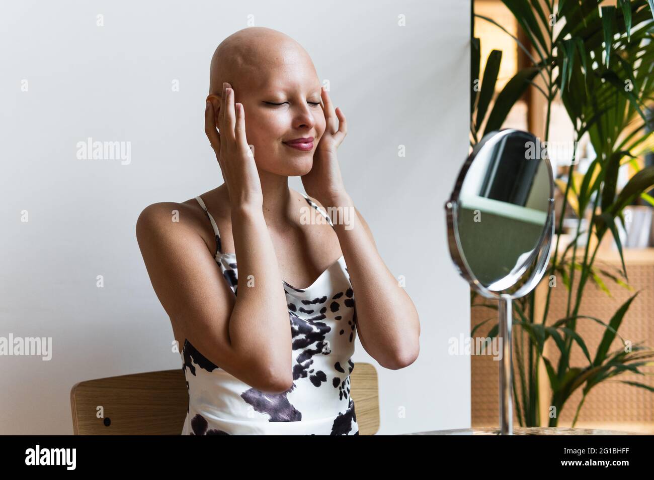 Happy young hairless female with alopecia disease in stylish outfit and ...