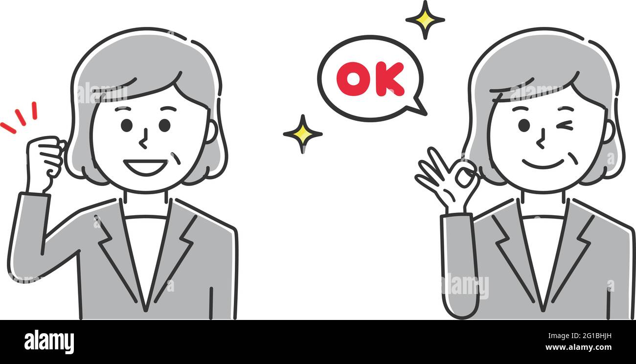 The office worker wearing a suit raised her fist and made an OK sign ...