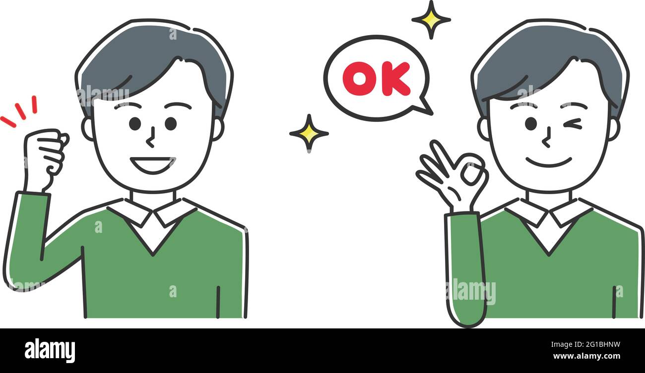 A young man raised his fist and made an OK sign. Vector illustration ...