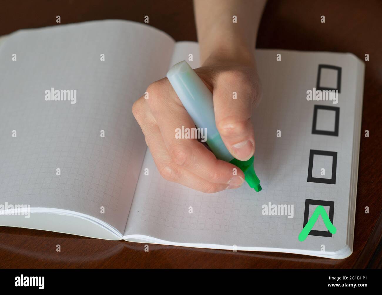 Green marking on the field of the checklist, in the notebook. The ...