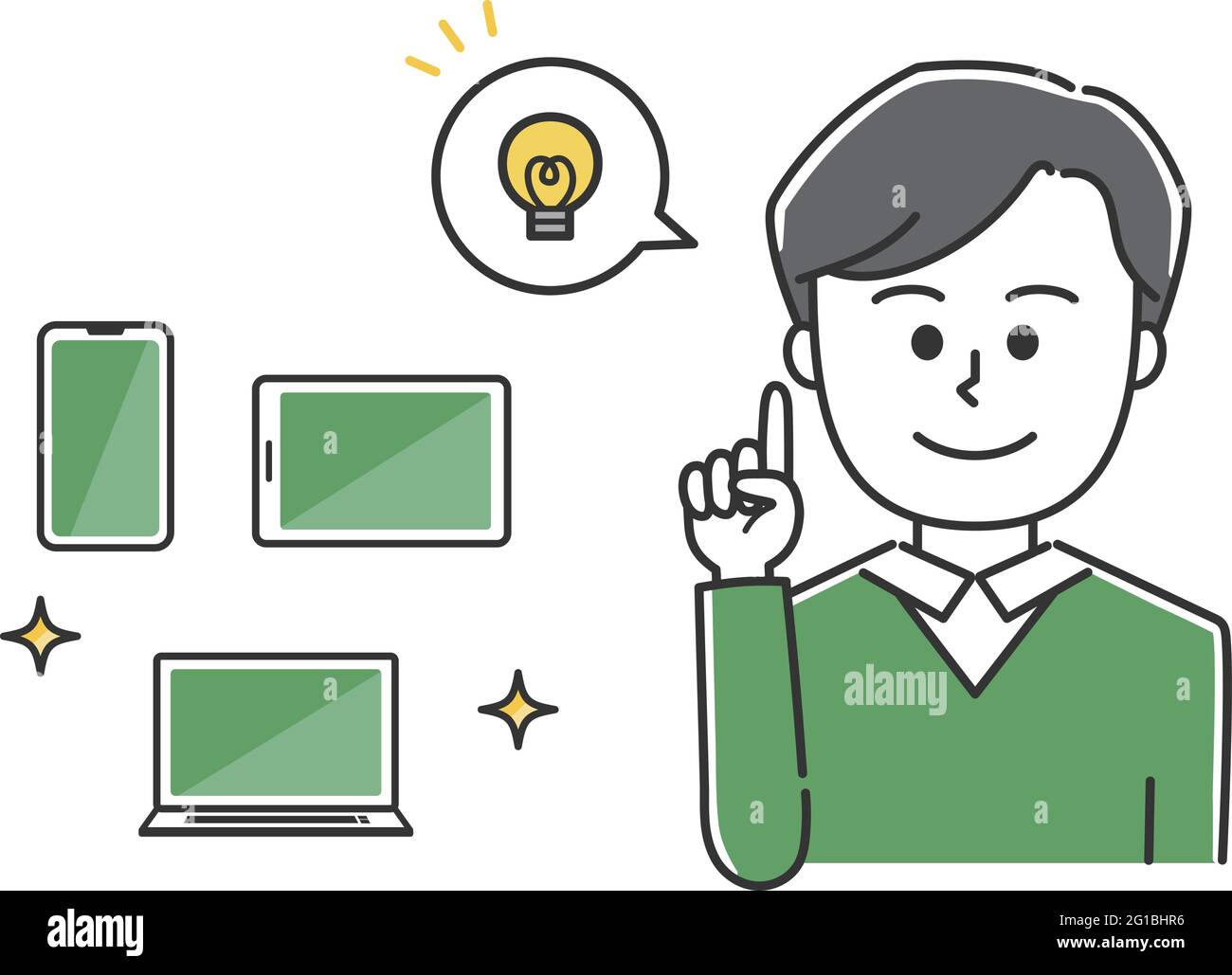 Young man explaining handheld devices. Vector illustration isolated on ...