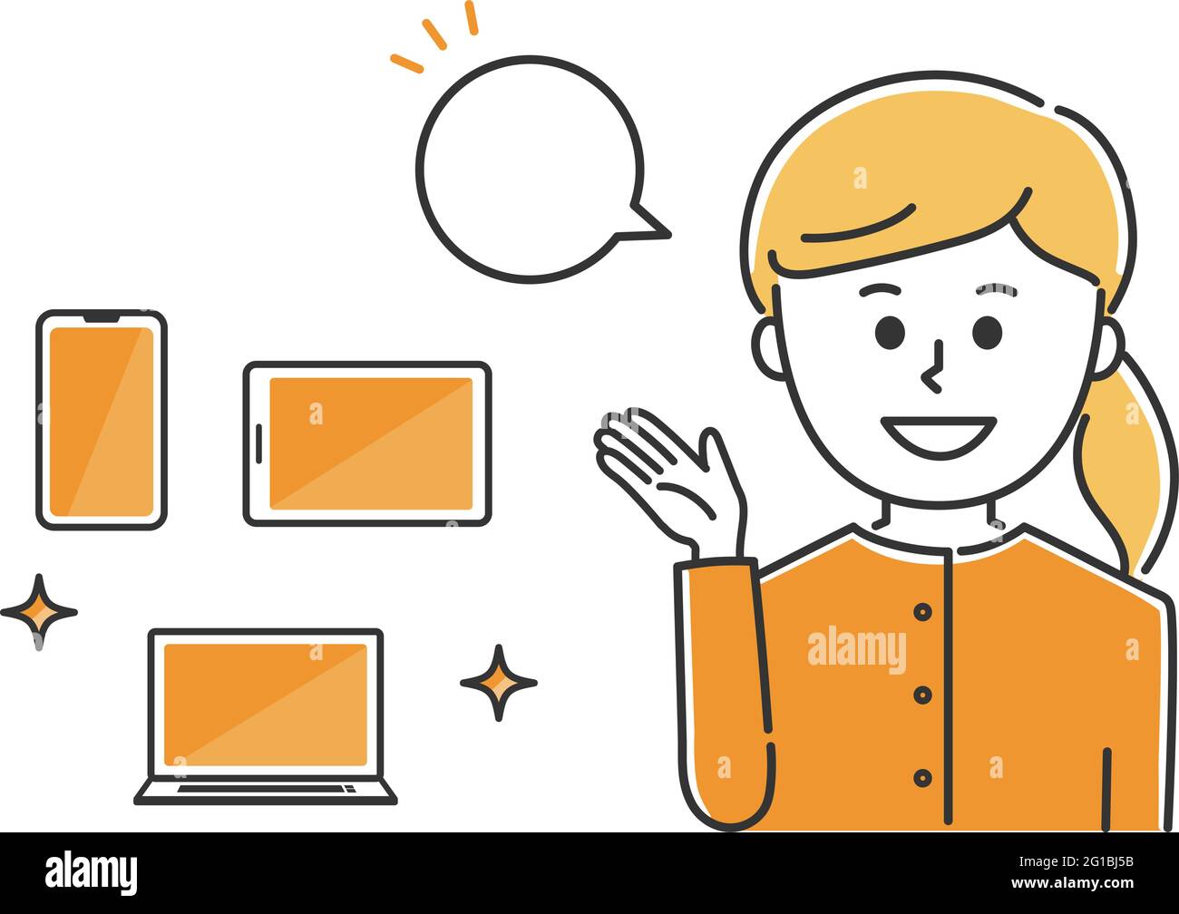 Young lady explaining handheld devices. Vector illustration isolated on ...