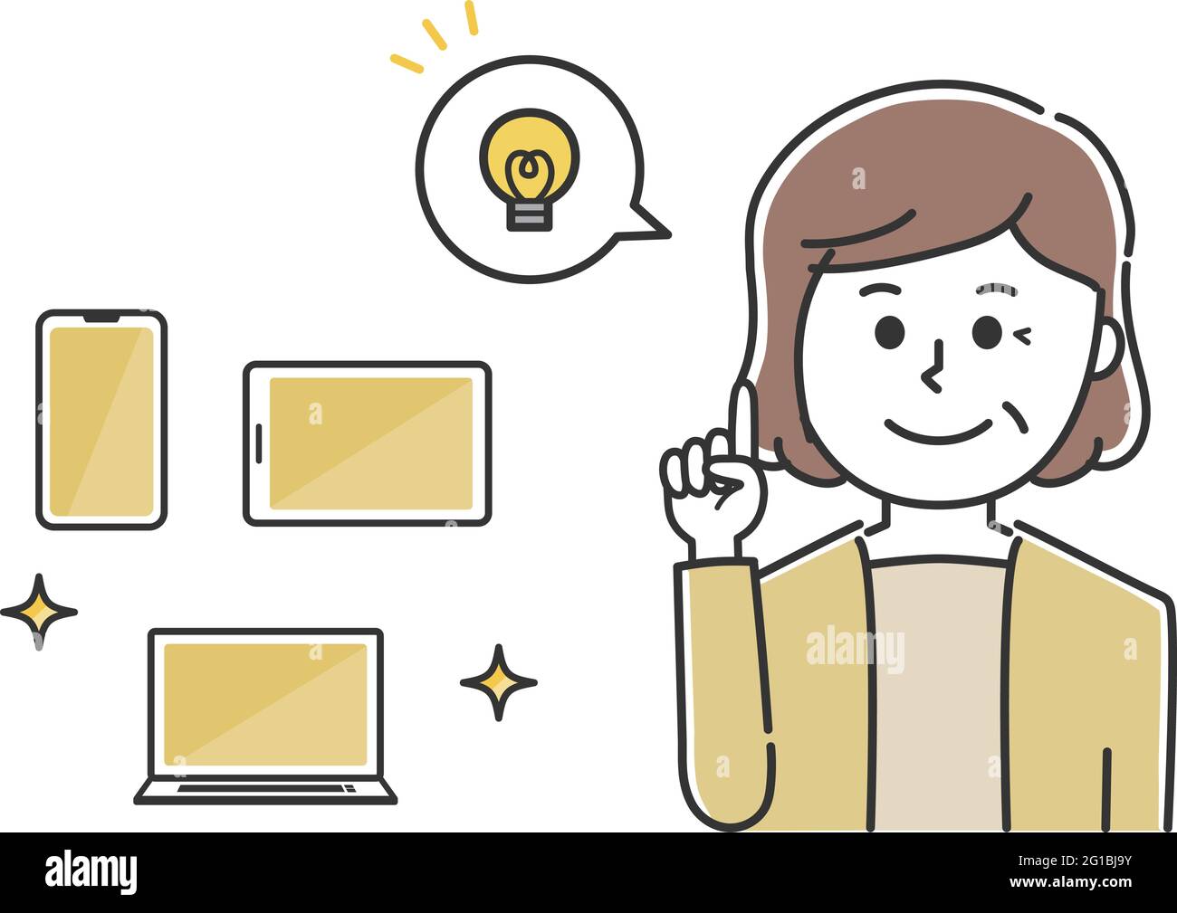 A woman explaining handheld devices. Vector illustration isolated on ...