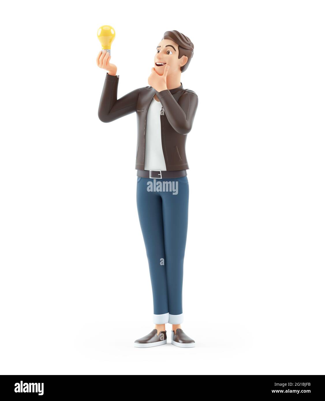 3d cartoon man looking at light bulb, illustration isolated on white ...