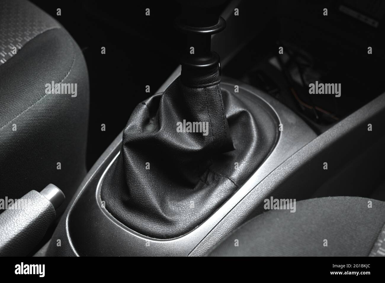 Leather casing of manual gearstick transmission inside of the black ...
