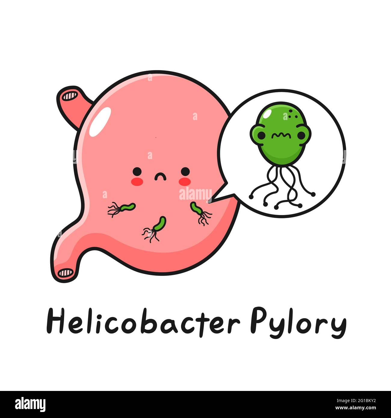 Cute sad human stomach organ with helicobacter pylori bacteria. Vector ...