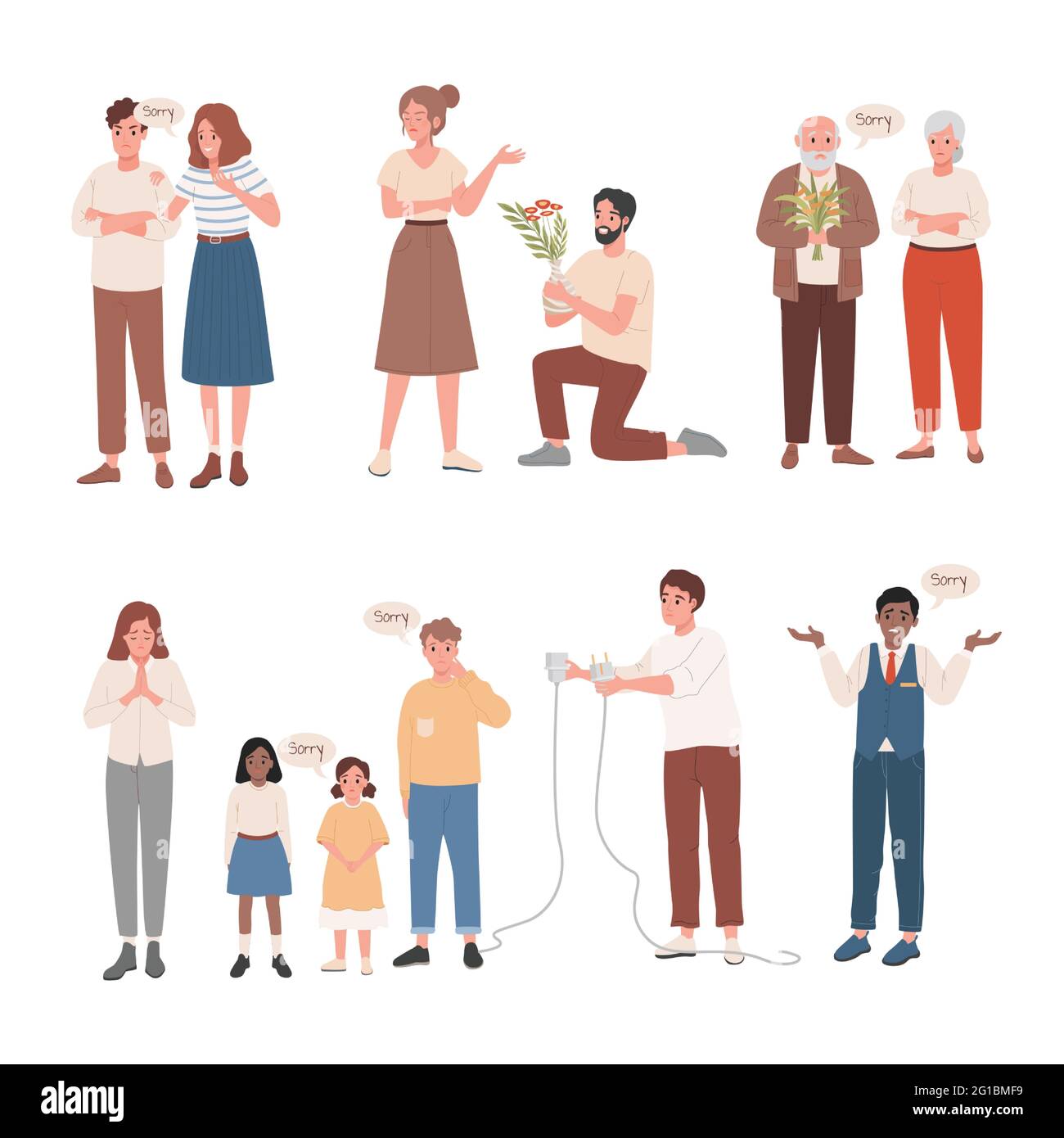 Set of men and women saying sorry to their close people vector flat ...