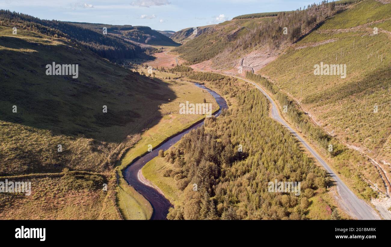Aerial view of River Towy entering Llyn Brianne Reservoir, Mid-Wales ...