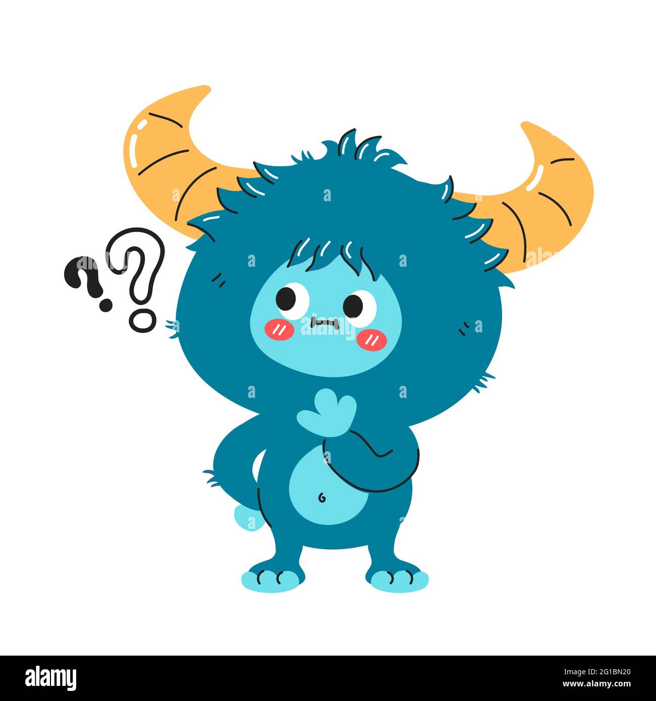 Cute funny yeti monster character with question marks. Vector hand ...