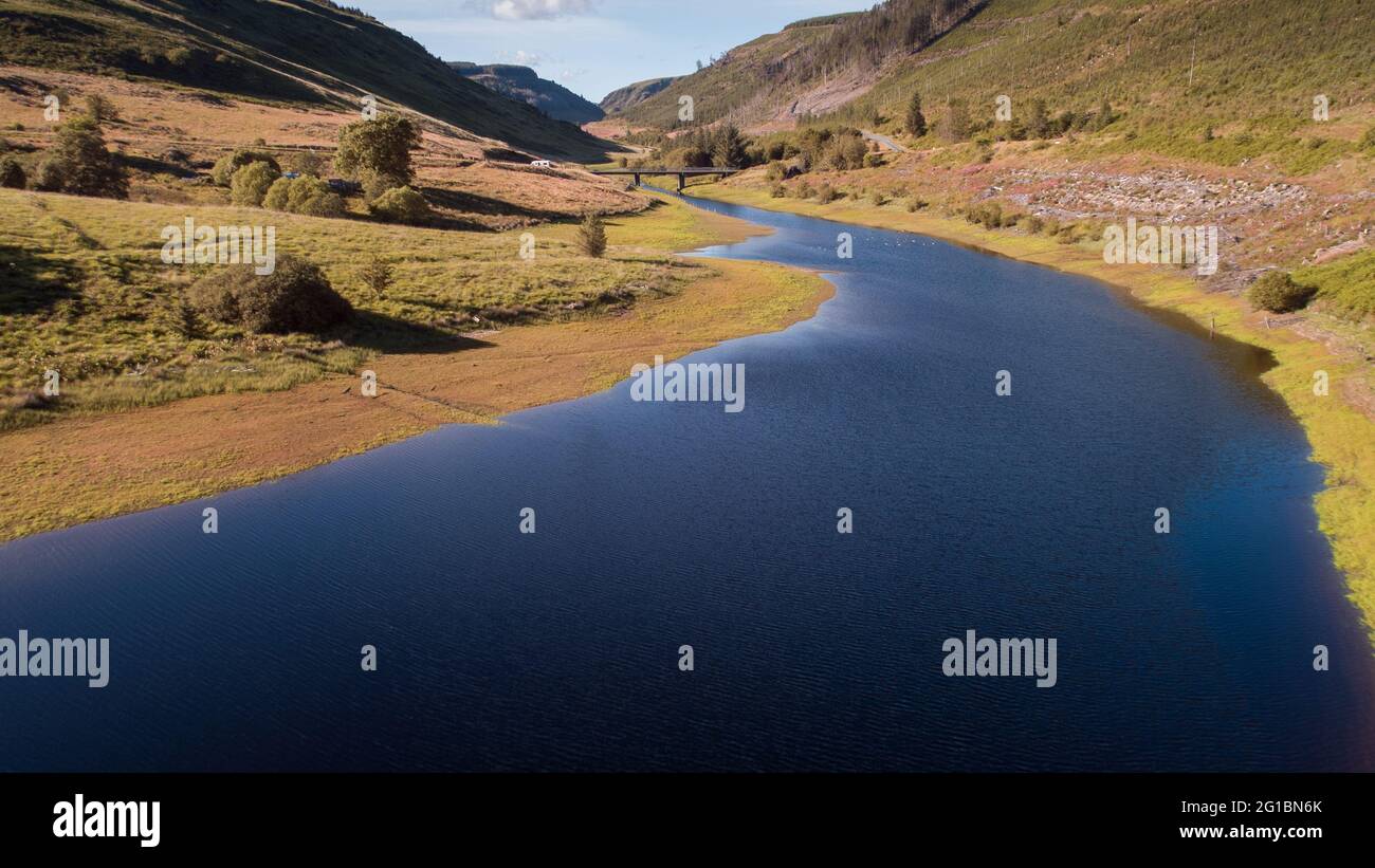 Aerial view of River Towy entering Llyn Brianne Reservoir, Mid-Wales ...