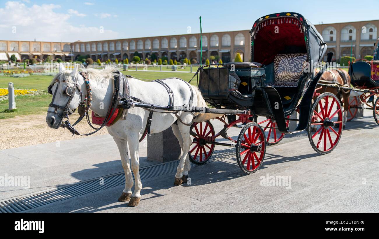 Isfahan, Iran - May 2019: Horse carriage ride waiting in Isfahan Naqsh ...