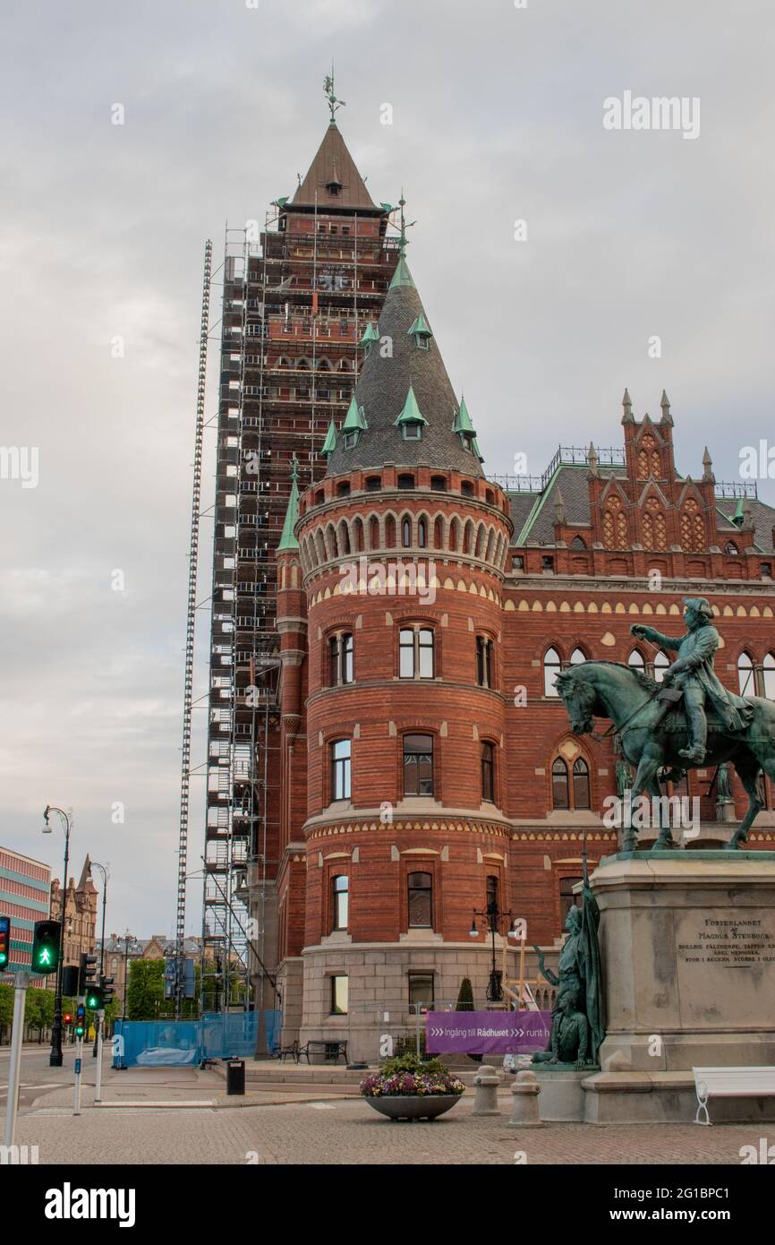 Sweden, Helsingborg 2021 -City town hall during renovation and ...