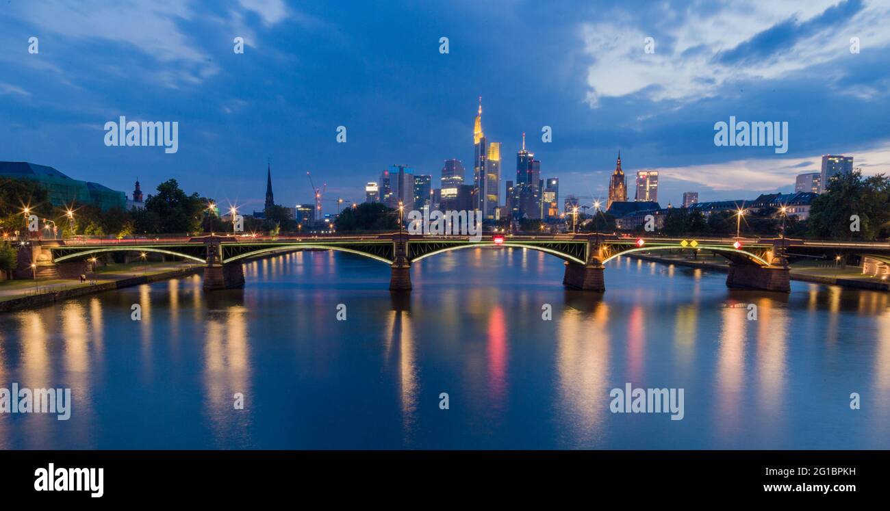 Frankfurt am Main European financial district Cityscape at night of a ...