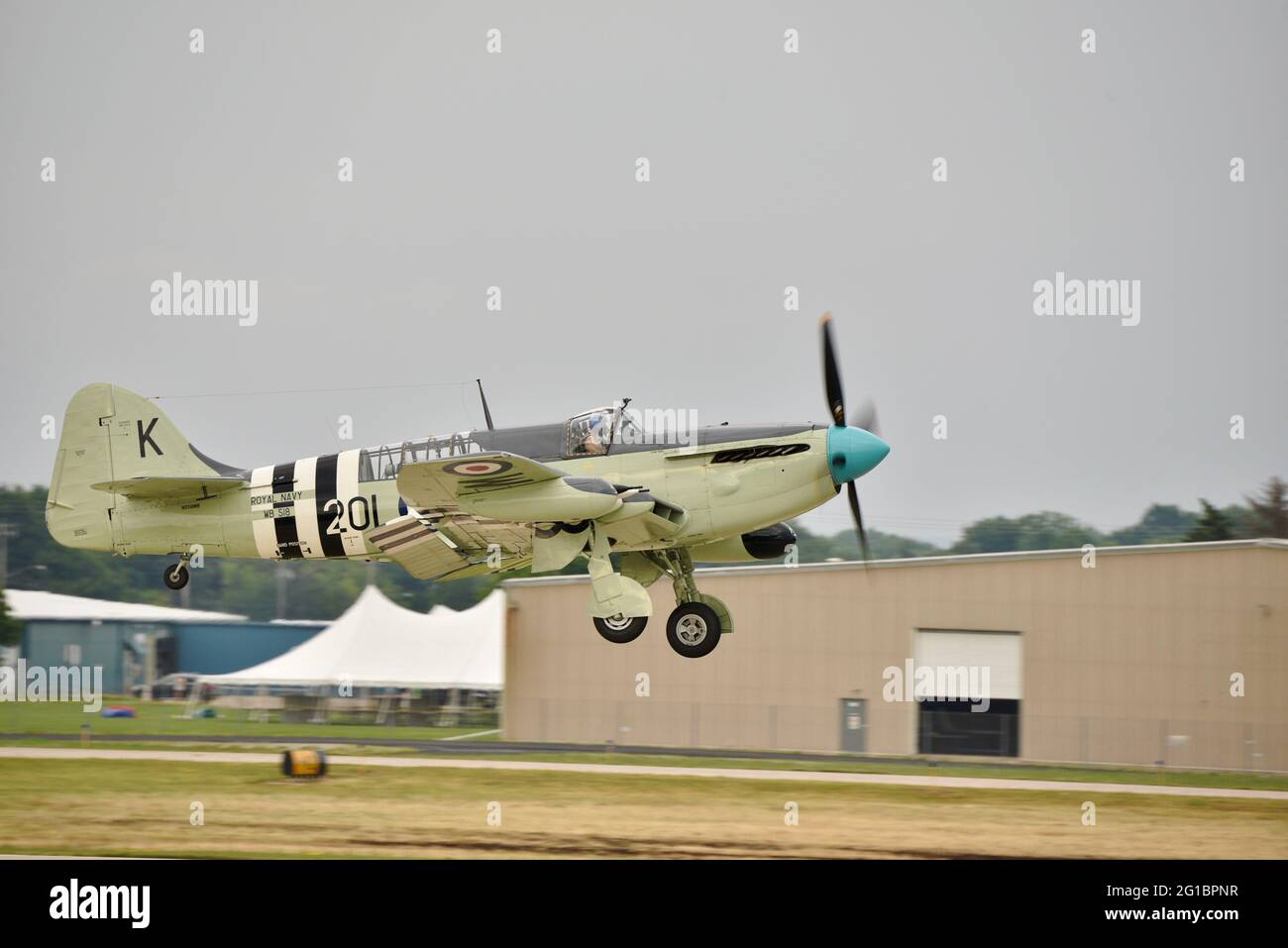 Second World War RAF Fairey Firefly airborne and making high speed ...