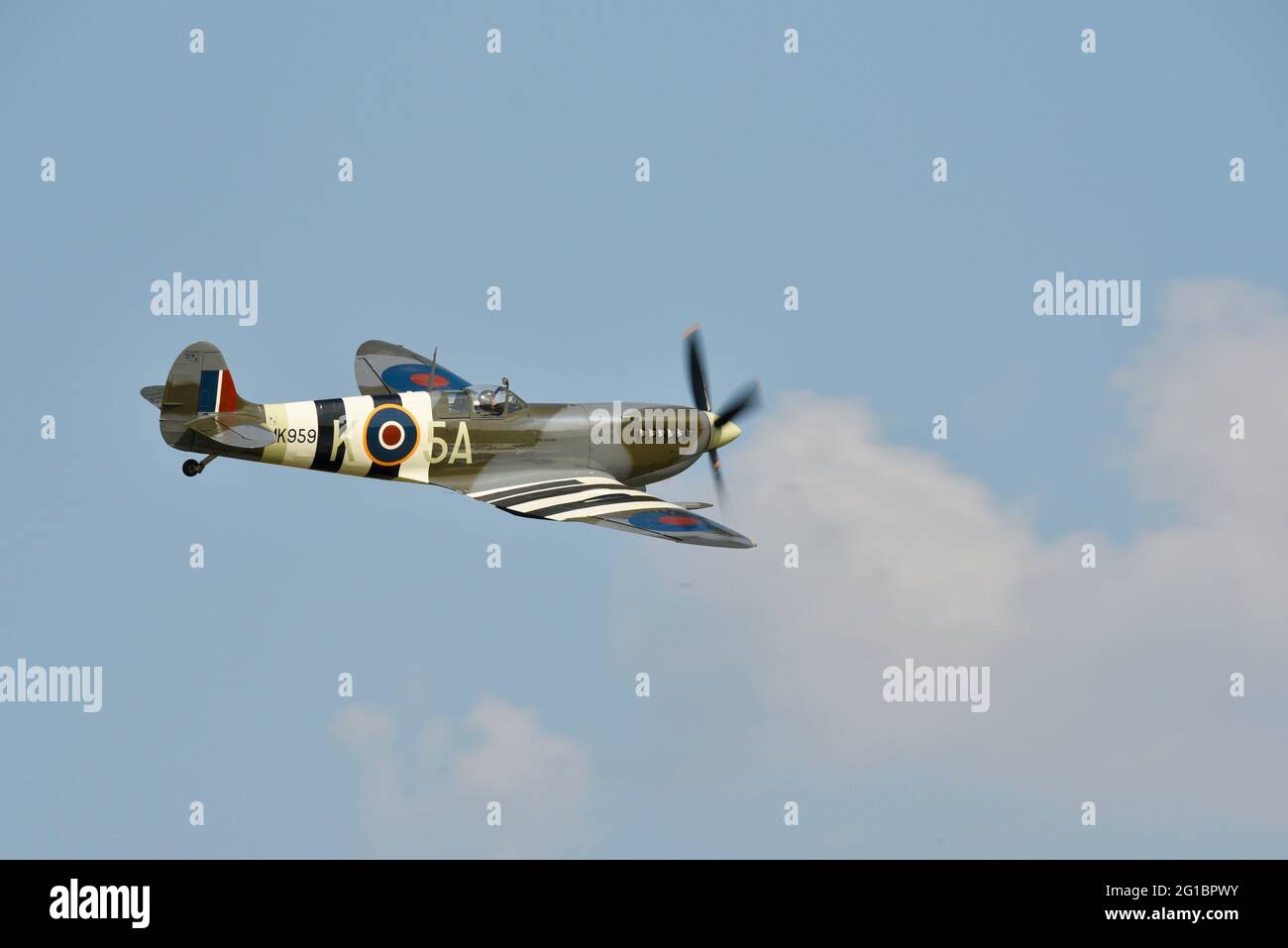 Second World War Supermarine Spitfire airborne and making high speed ...