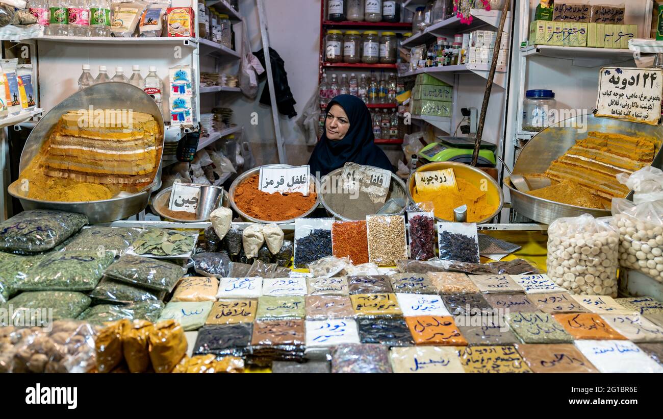 Isfahan, Iran - May 2019: Iranian woman selling various herbs and ...