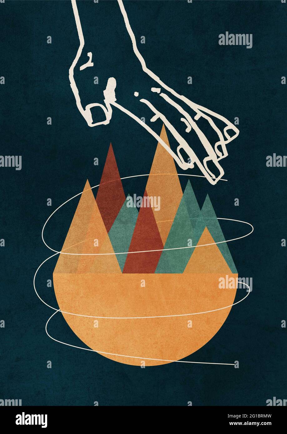 Creative modern artwork in scandinavian style with hand on top of world ...