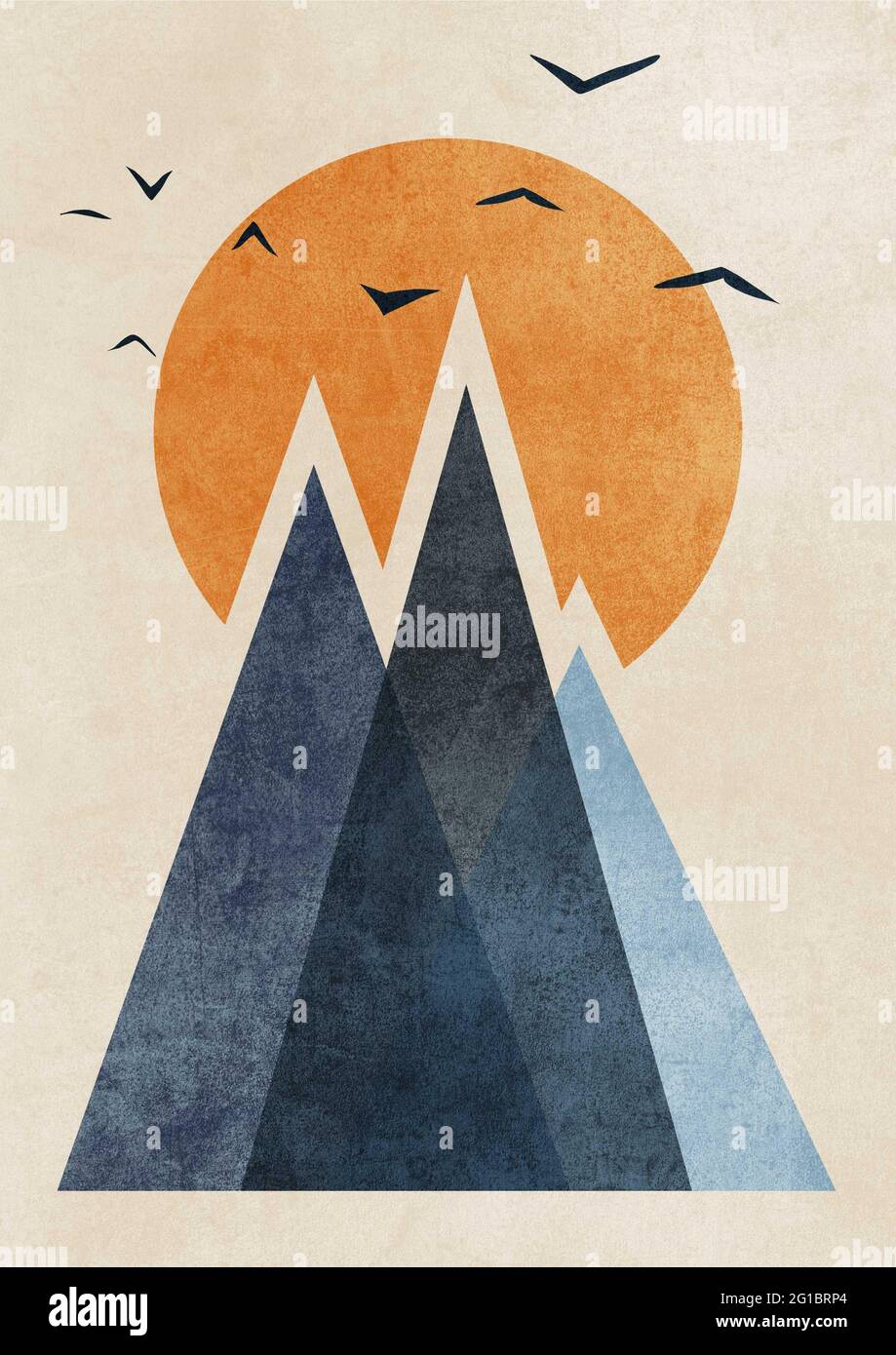 Gloomy landscape with flying crows with cool colors. Modern and ...