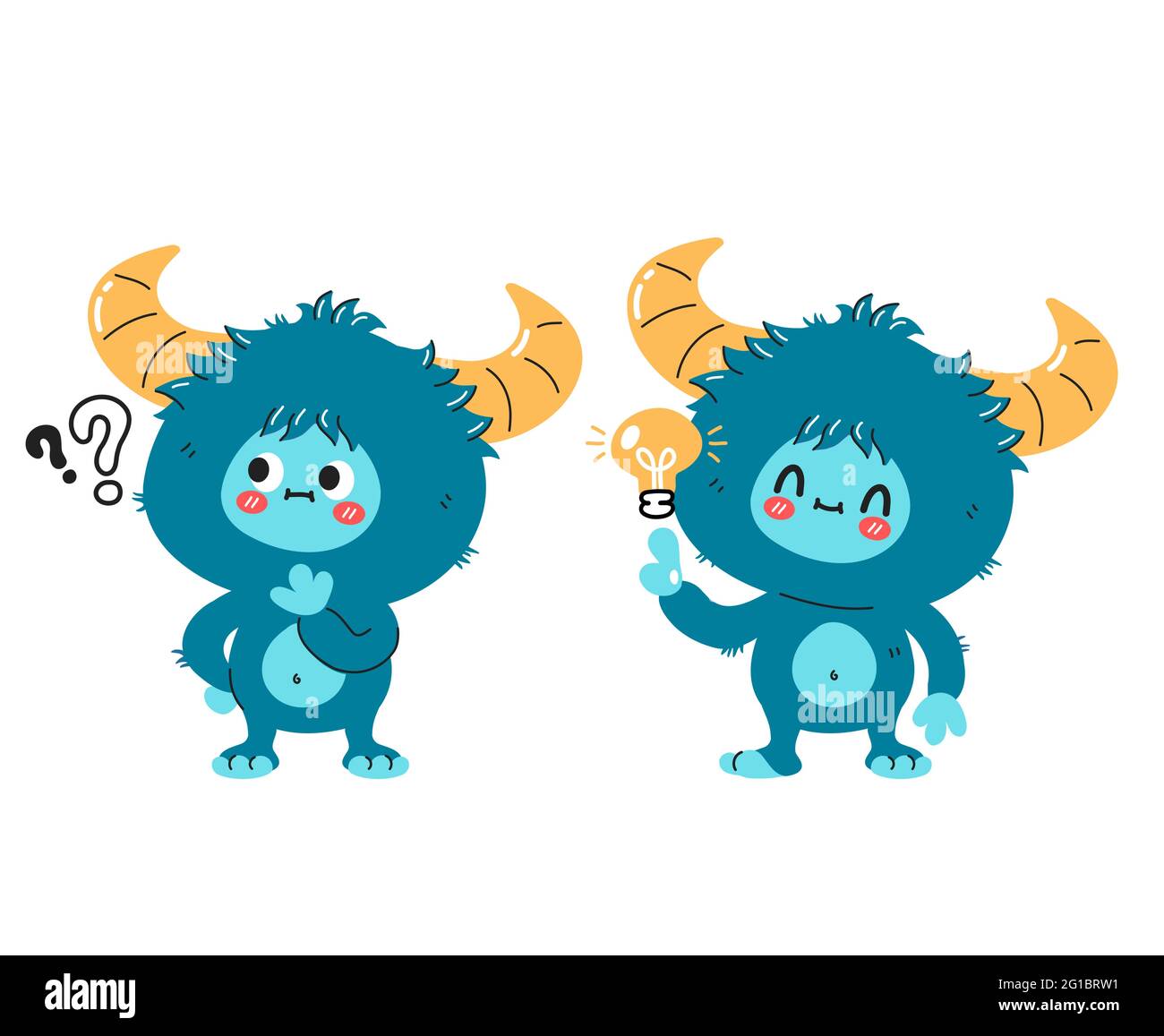 Cute funny yeti monster character with question mark and idea lightbulb ...
