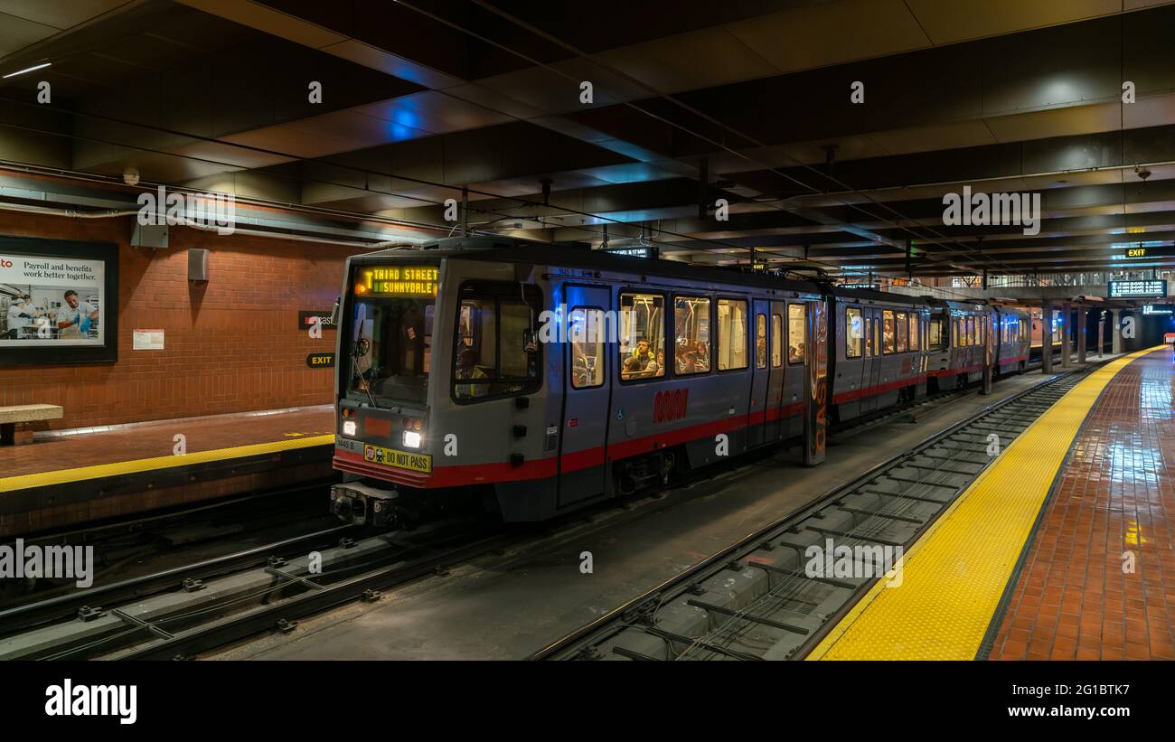 San Francisco, California, USA - August 2019: Muni subway train at ...
