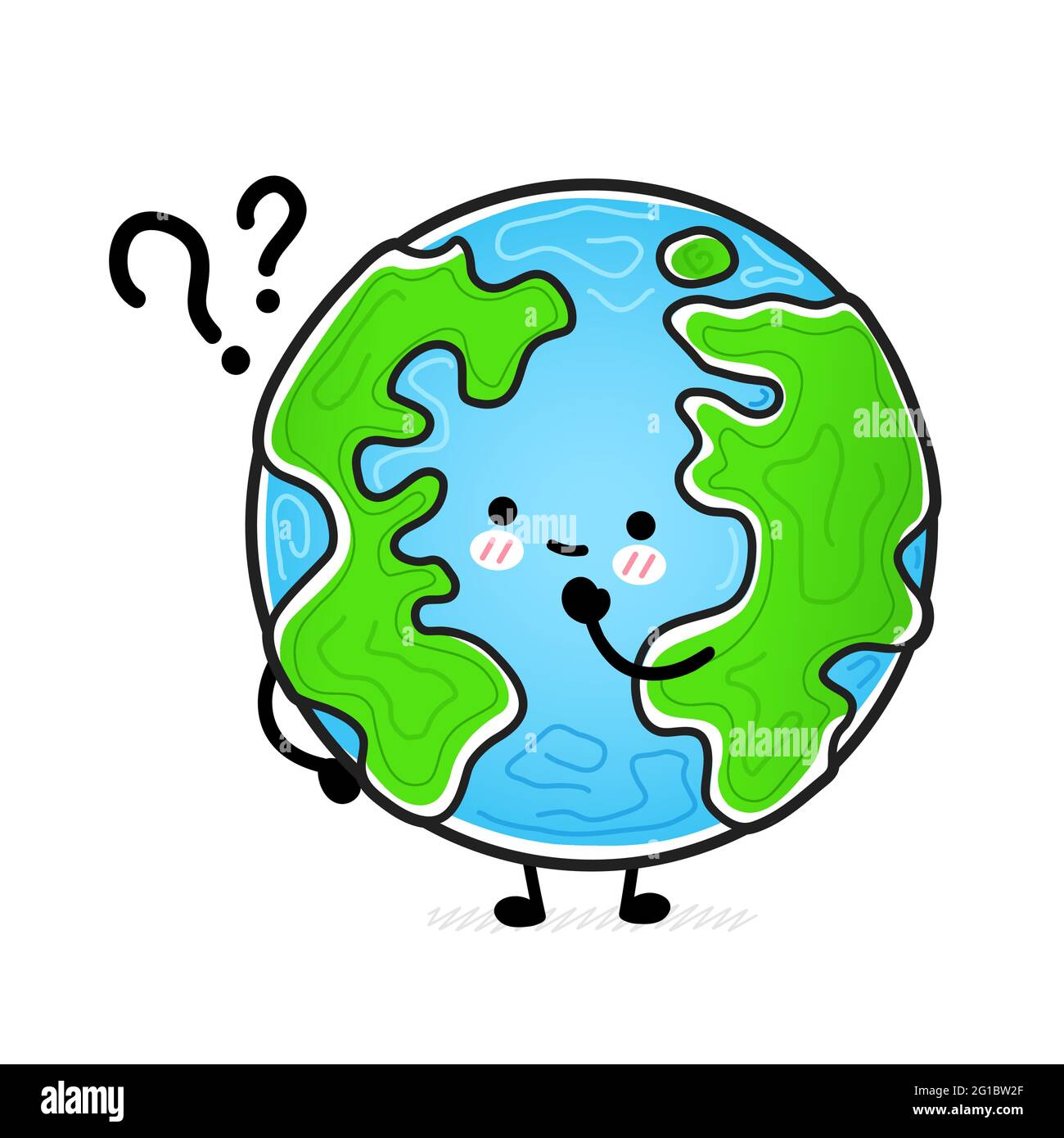 Cute funny Earth planet with question mark. Vector hand drawn cartoon ...