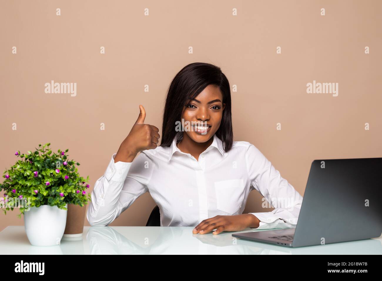 young attractive African American ethnicity woman working at computer ...