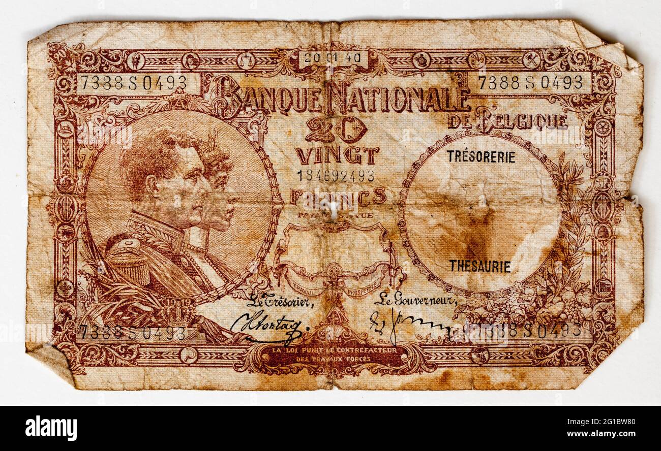 Old Belgian Bank Note - 20 Francs Stock Photo - Alamy