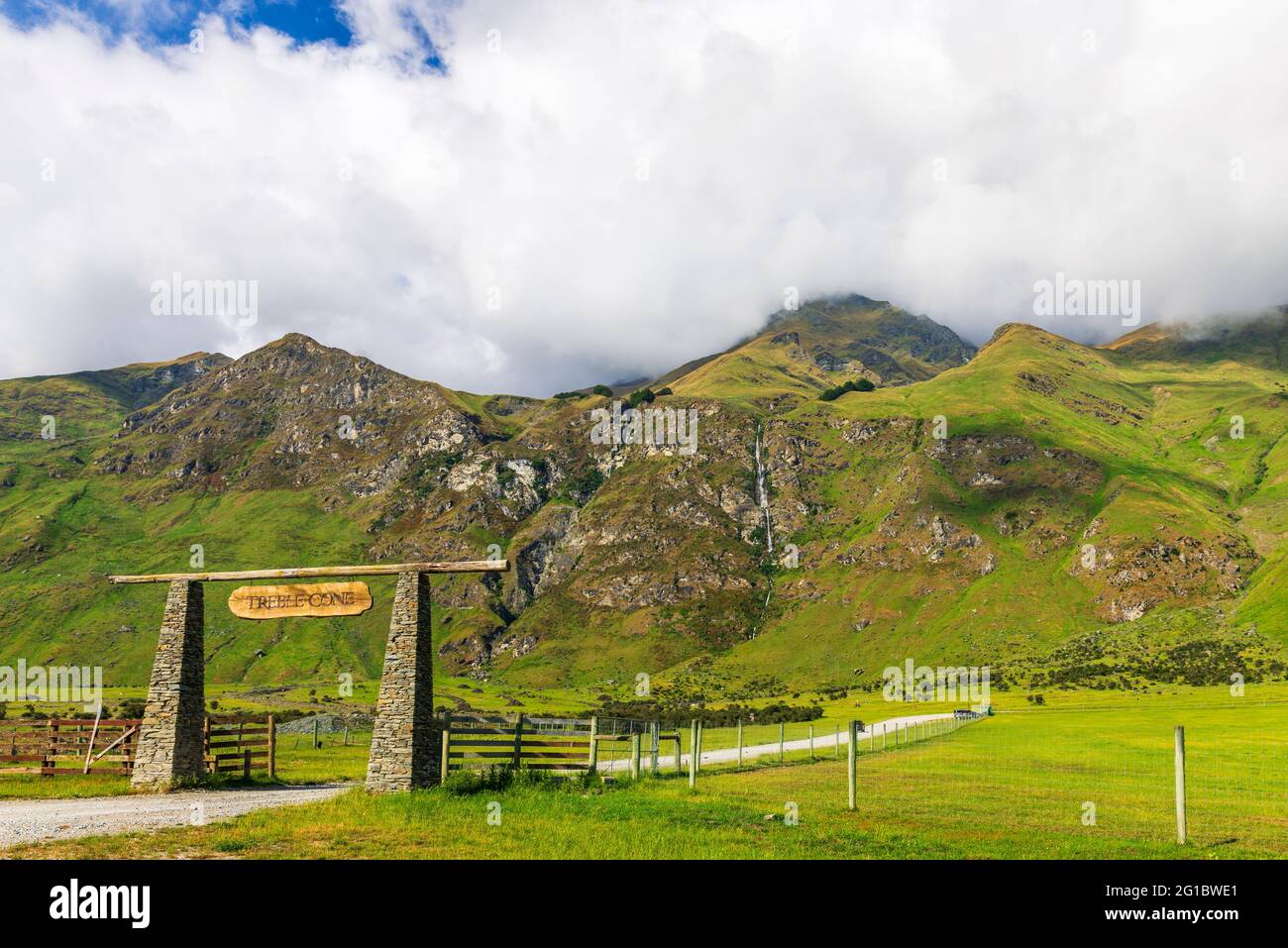 Twin Falls and the entrance to Treble Cone Ski Area, Wanaka, Otago ...