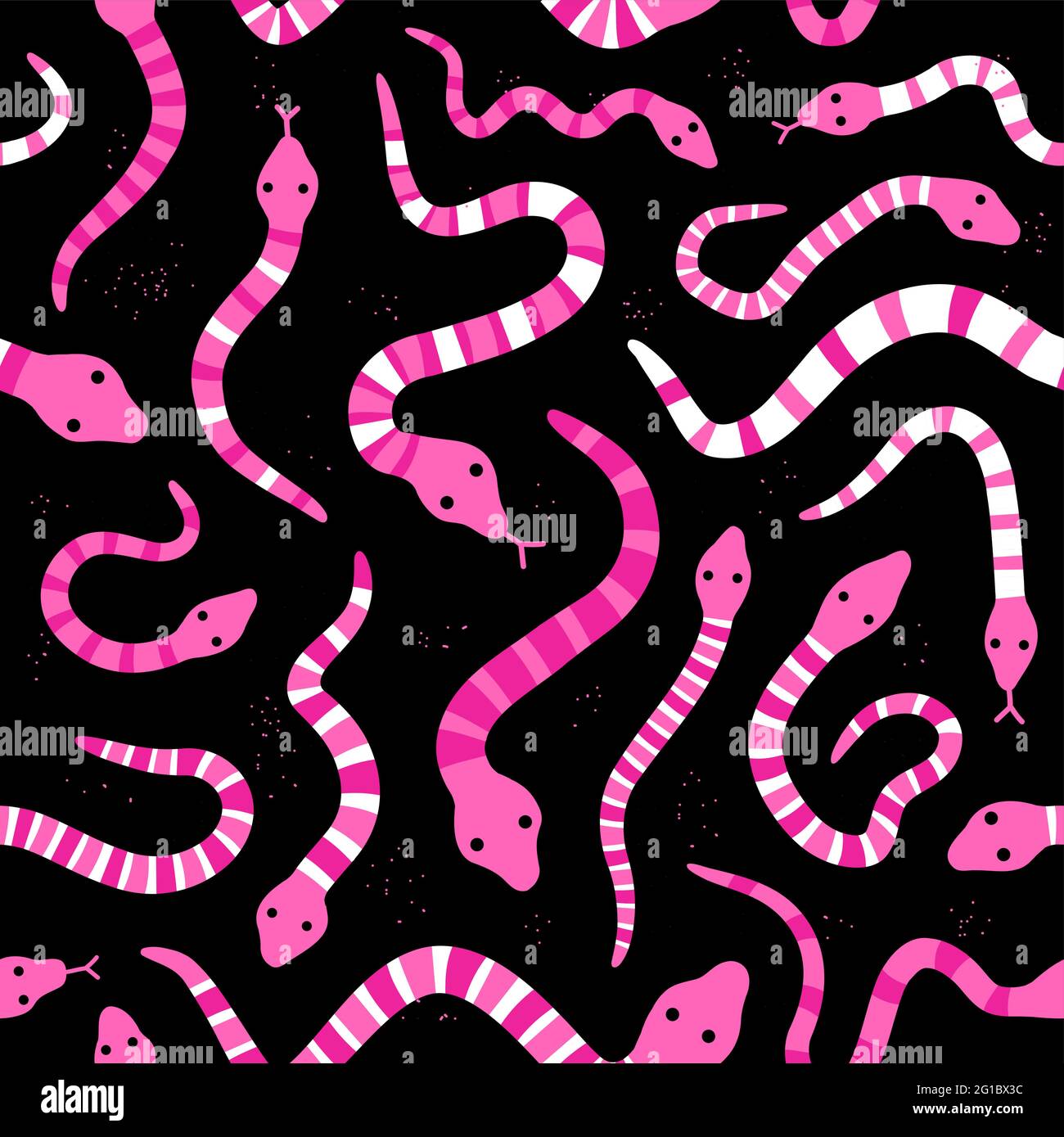 Pink snakes on black background seamless pattern. Vector hand drawn ...