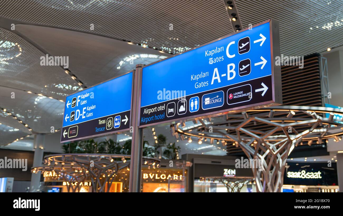 Istanbul, Turkey - July 2019: Flight gates directional signage in ...