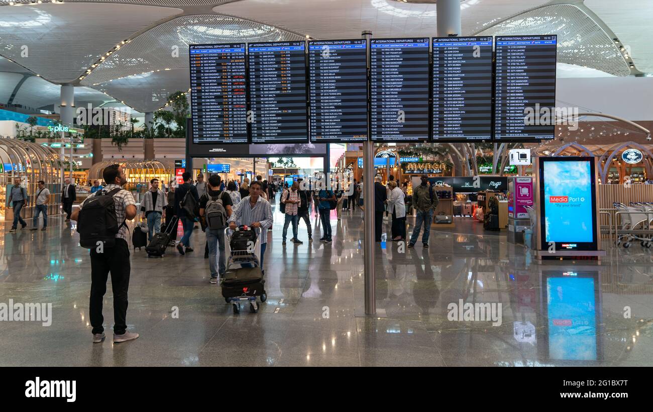 Istanbul, Turkey - July 2019: Flight information time table in new ...